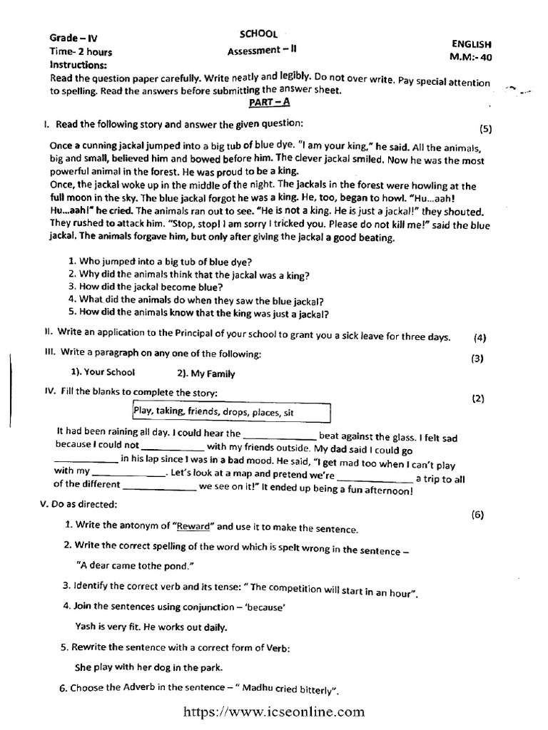 Icse Class 4 Assessment 2 English 280223 2023 | PDF