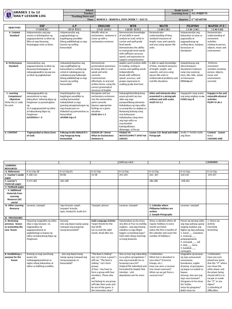 DLL_ALL SUBJECTS 2_Q4_W7_D3 | PDF