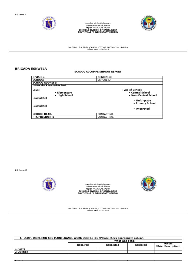Be Form 7 School Accomplishment Report 1 | PDF | Buildings And Structures