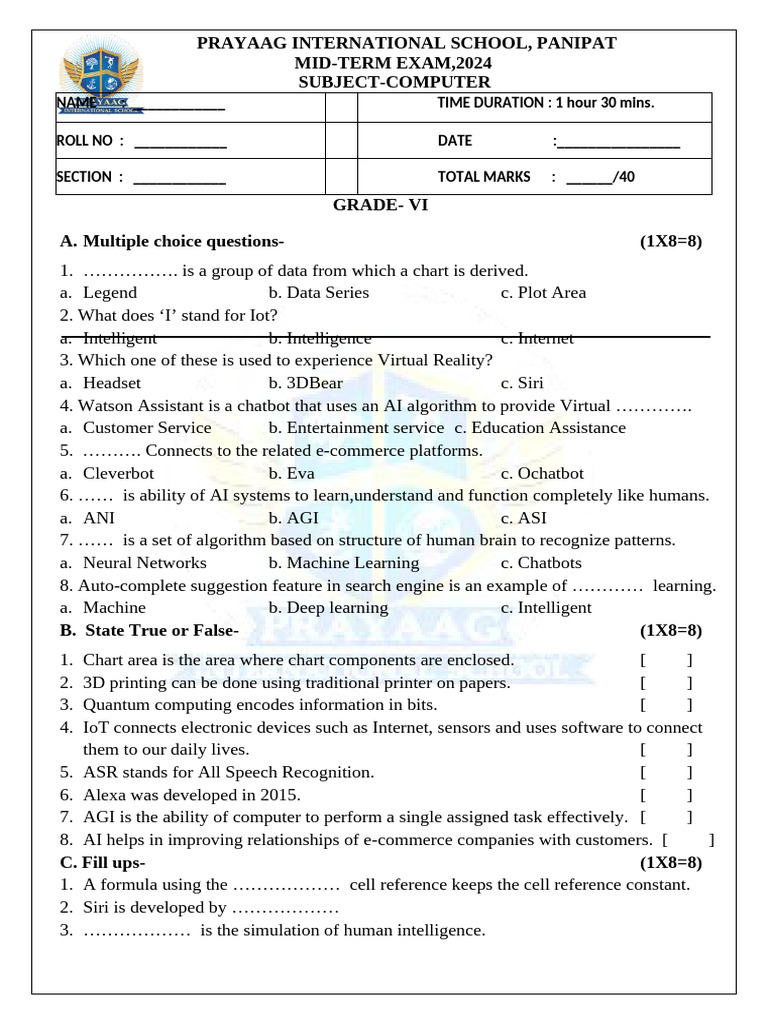 Computer Mid-Term Exam for Grade VI | PDF | Artificial Intelligence ...