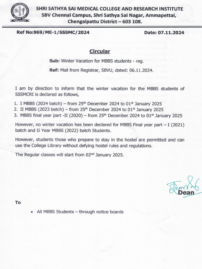 Circular - MBBS Winter Vacation | PDF