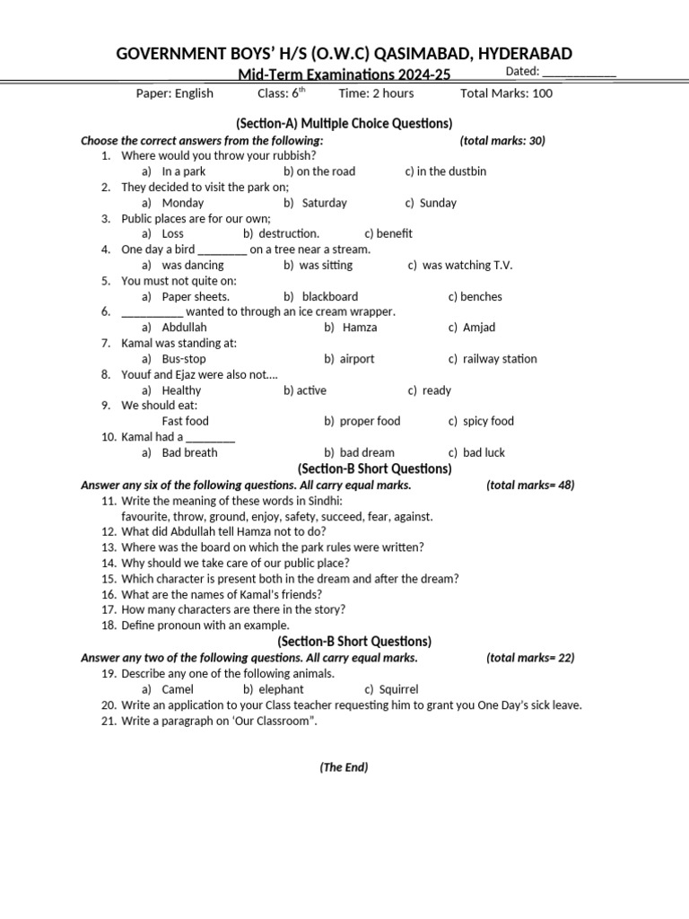 English -6. Paper | PDF