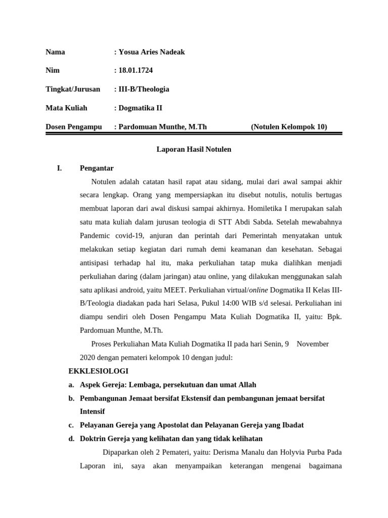 1 - Notulen Dogmatika II, Yosua Aries Nadeak | PDF