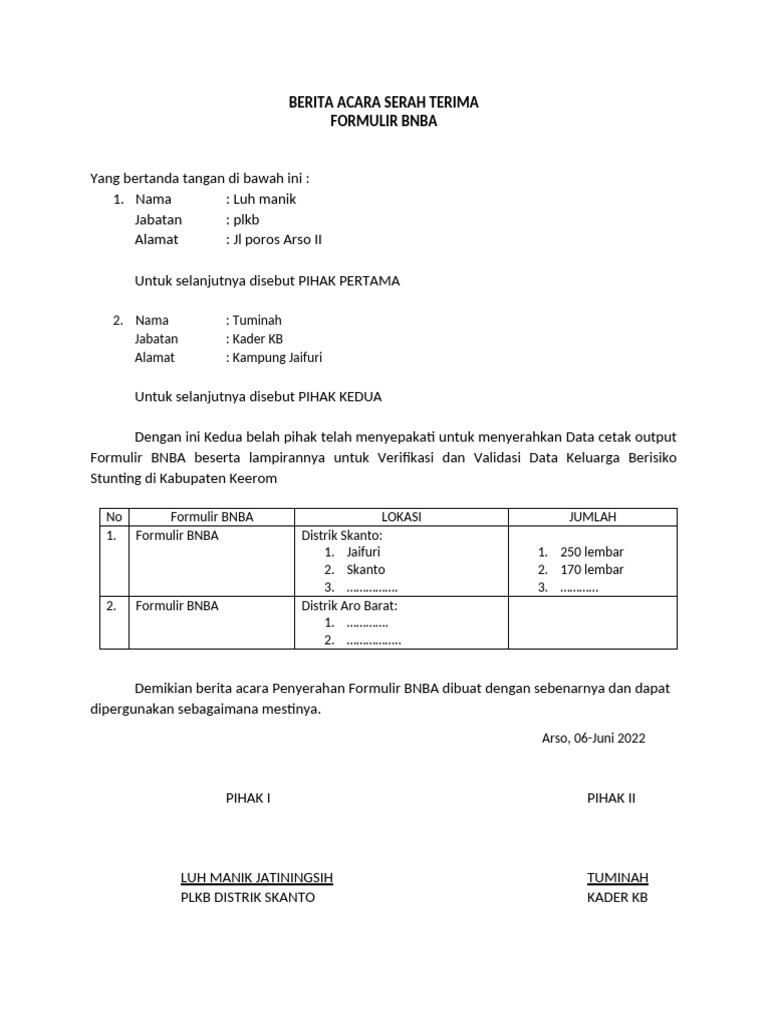 Berita Acara Serah Terima Formulir Bnba | PDF