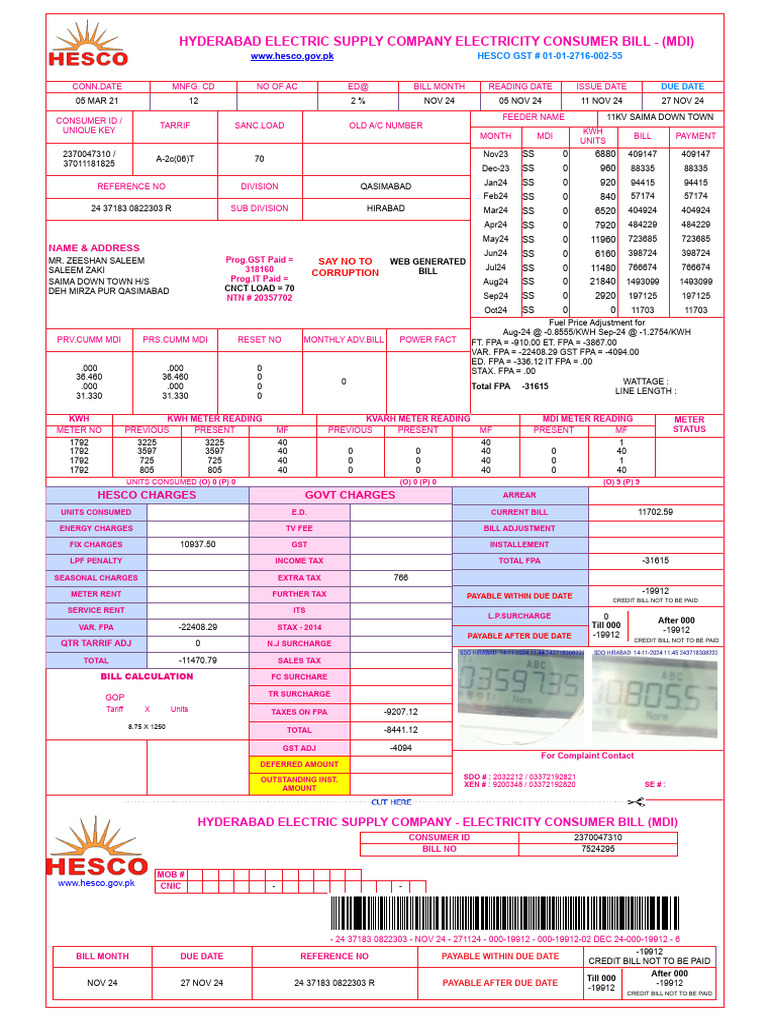 HESCO ONLINE BILL DTR3 Nov-24 | PDF | Payments | Taxes