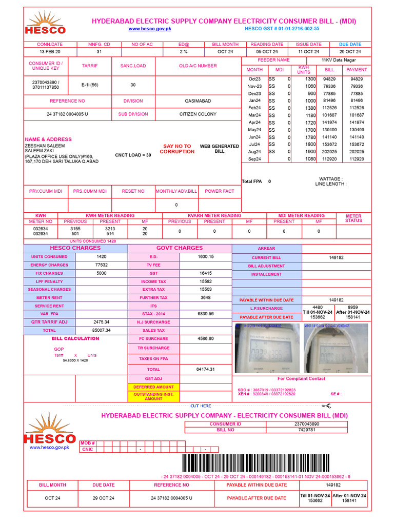 HESCO ONLINE BILL Riviera Oct-24 | PDF | Power (Physics) | Electric Power
