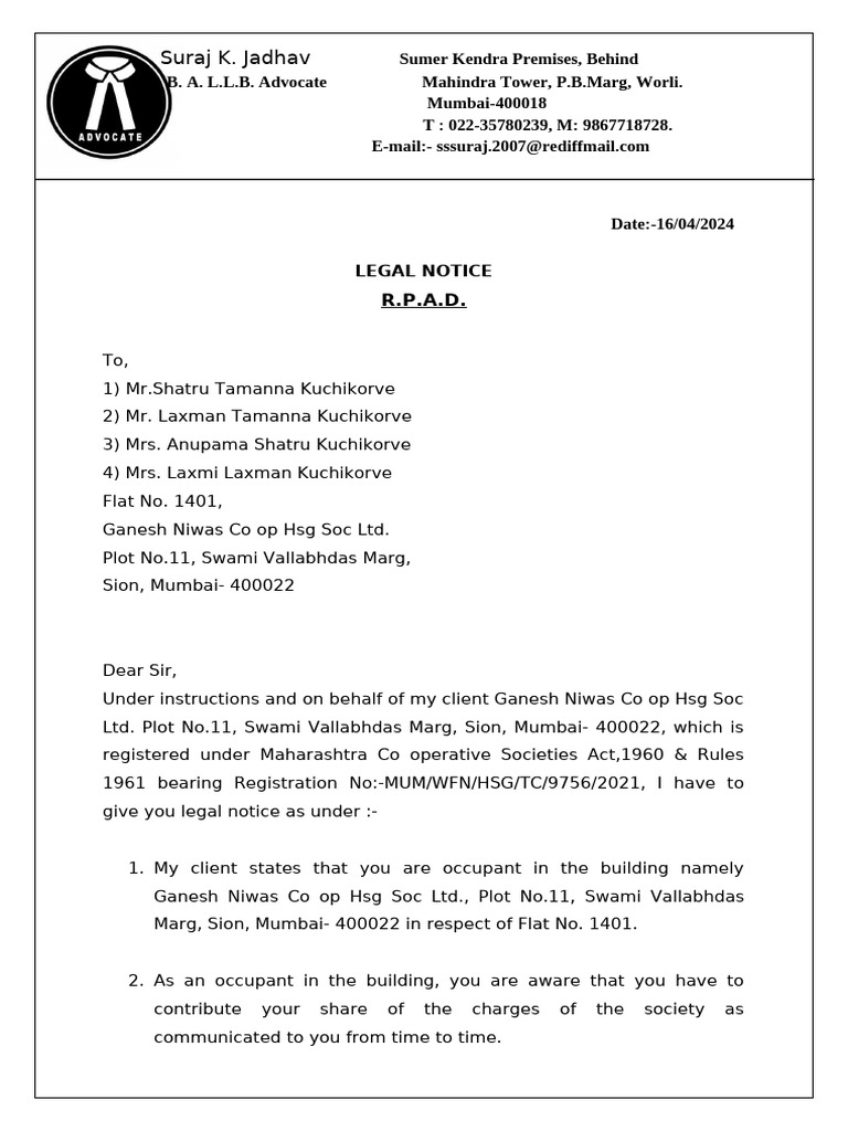 Legal Notice for Outstanding Dues | PDF