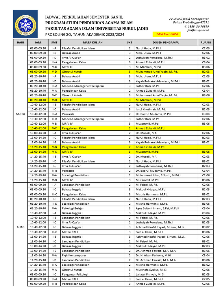 Jadwal Perkuliahan Semester Ganjil 2023-2024 PAI-1 | PDF