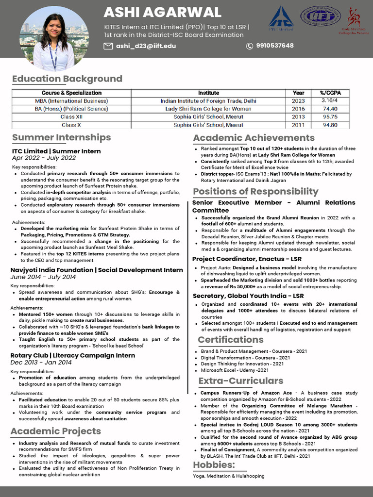 Resume_Ashi Agarwal_IIFT Delhi | PDF | Business | Business Economics