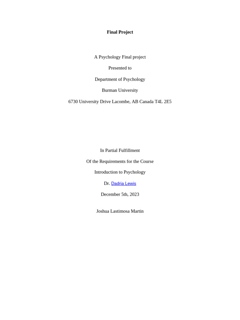 Final Psycholgy Project | PDF | Stress (Biology) | Sleep