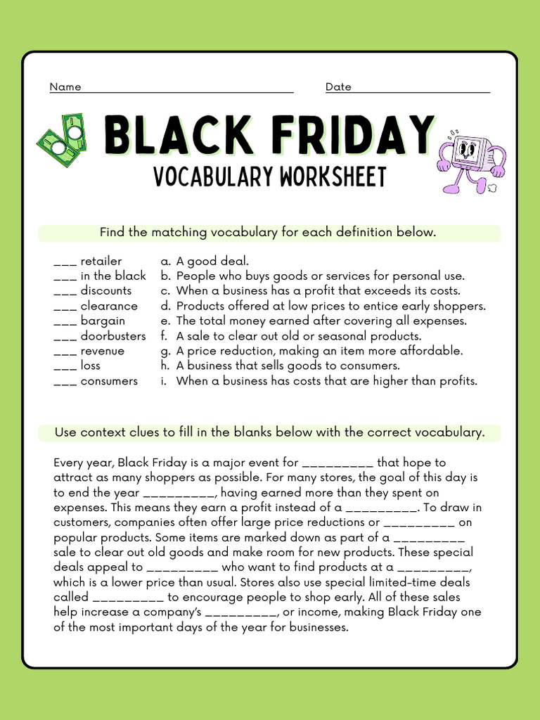 Black Friday Vocabulary Worksheet For Speech Therapy in A Green ...