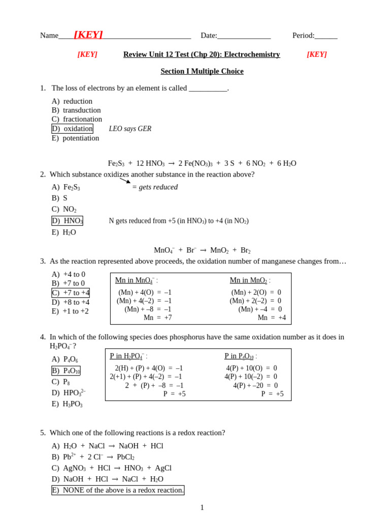 .Review Unit 12 Test CHP 20 Key | PDF | Redox | Chemical Reactions