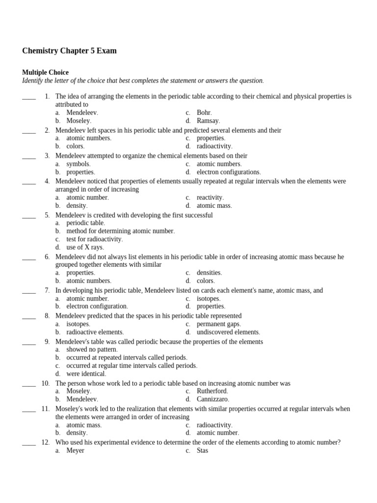 Chemistry Chapter 5: Periodic Table Exam | PDF | Periodic Table | Ion