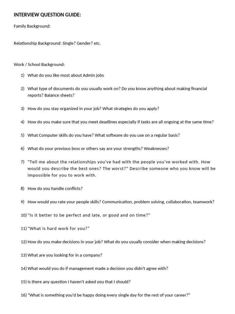 INTERVIEW QUESTION GUIDE Admin | PDF