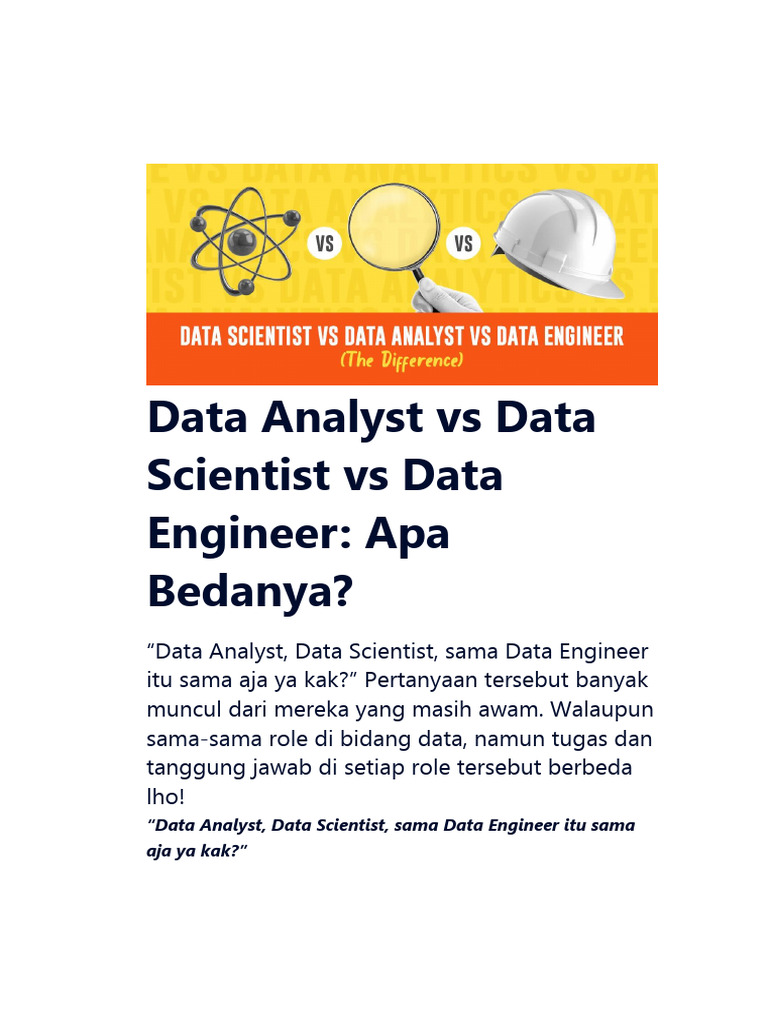 Perbedaan Data Analyst, Data Scientist, Data Engineering | PDF