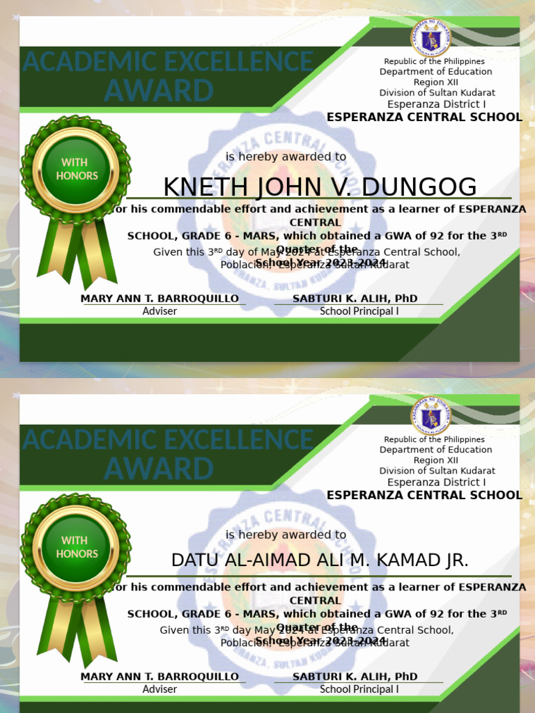 Grade 6 Academic Excellence Awards 2024 | PDF