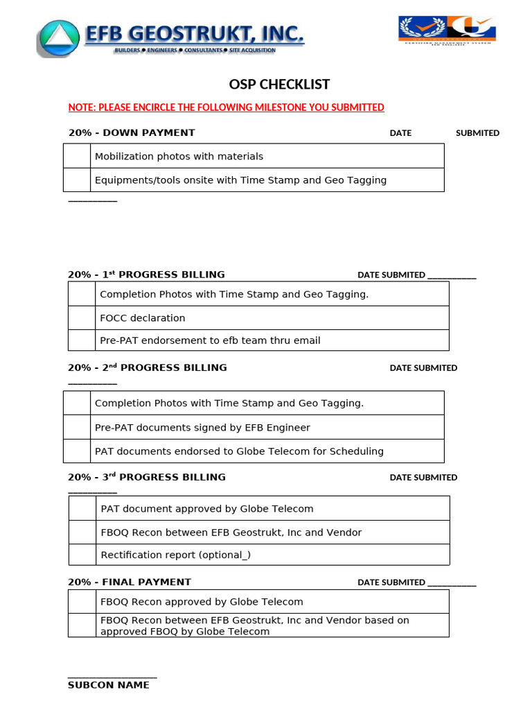 Osp Certificate Checklist Transmittal. | PDF
