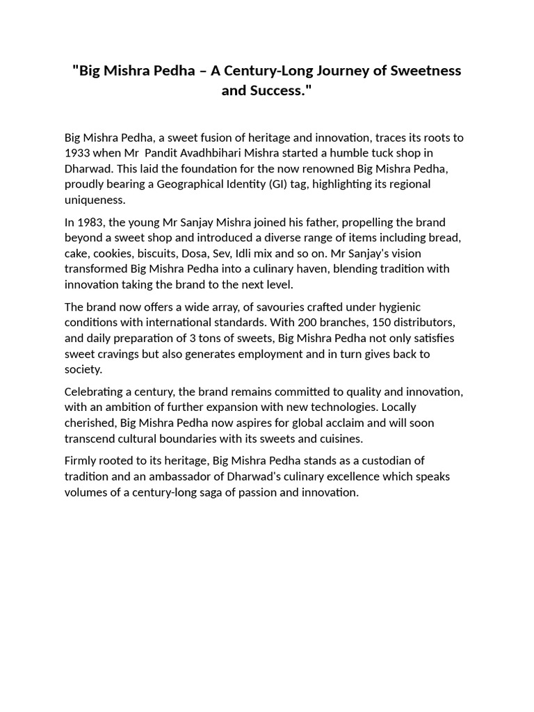 Big Mishra Pedha: A Century of Sweetness | PDF