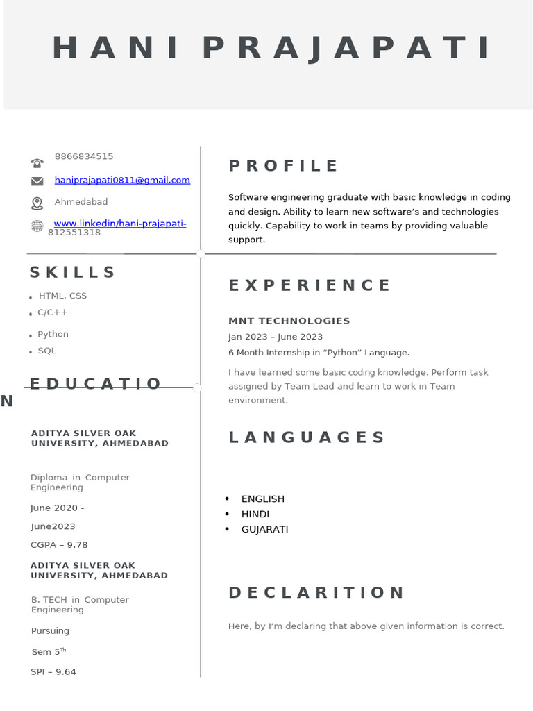 Hani Prajapati CV | PDF