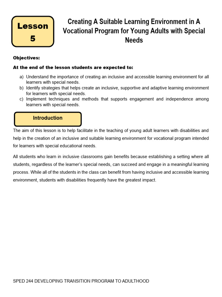 LESSON 5 CREATING A SUITABLE ENVIRONMENT IN A VOCATIONAL PROGRAMS FOR ...