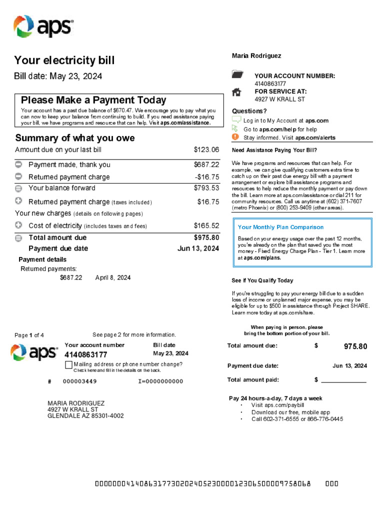 'Maria APS Bill - Compressed | PDF | Fee | Electric Power
