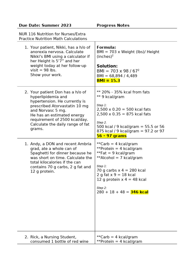 Extra Nutrition Math Calculations Assignment | PDF | Calorie ...