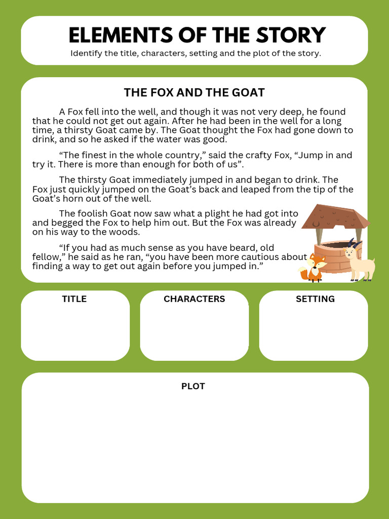 Elements of the Story Activity English Worksheet in Green White ...