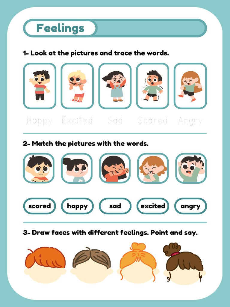 Feelings Worksheet in Turquoise White Cute Style | PDF
