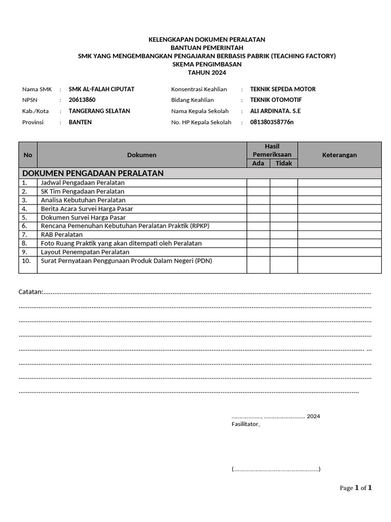 Ceklis Peralatan Tefa 2024 - Skema Pengimbasan | PDF