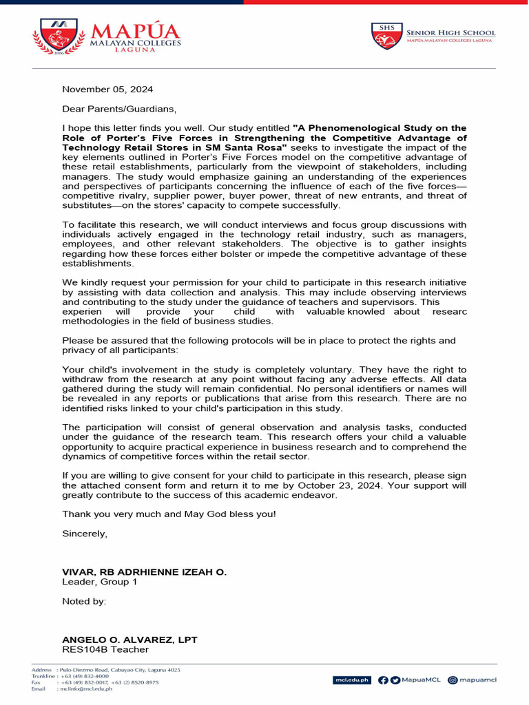 Parents Consent - Letter - 2 | PDF | Focus Group