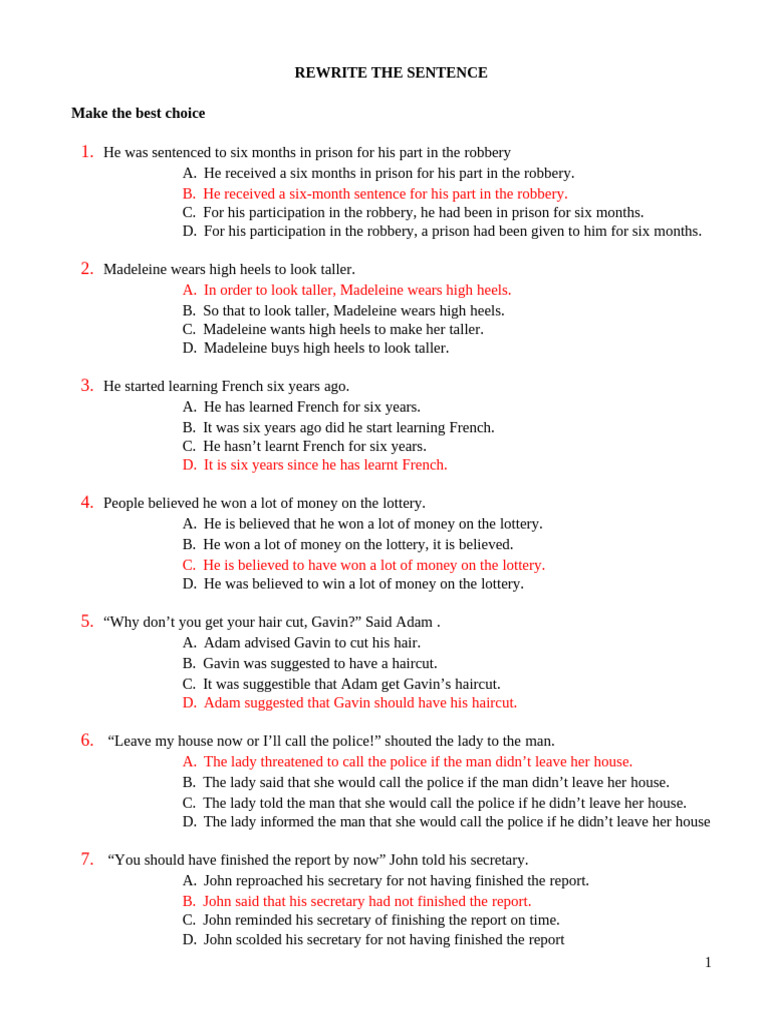 Rewrite The Sentence Work | PDF