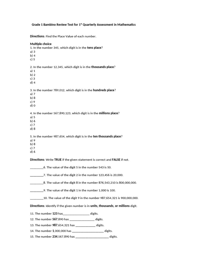 Grade 1 Bambino Review Test For 1st Quarterly Asse | PDF | Numbers ...