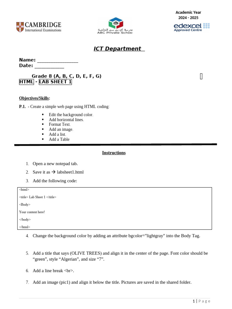 g8- Lab Sheet 1 (HTML) (2) | PDF | Olive | Html Element
