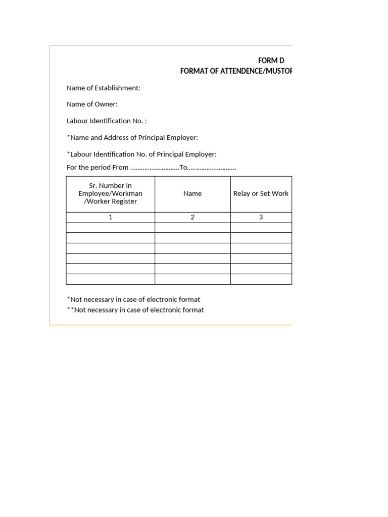 Form D Muster Roll Attendance Format | PDF