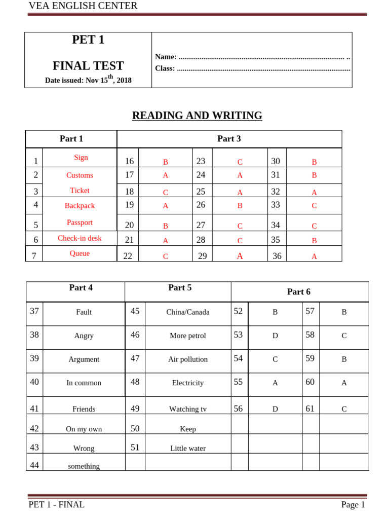 Pet 1 Final Key | PDF