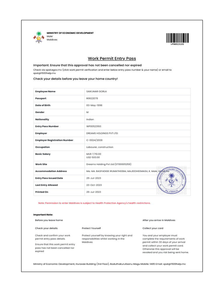 Work Permit Details - SAIKUMAR | PDF | Government And Personhood