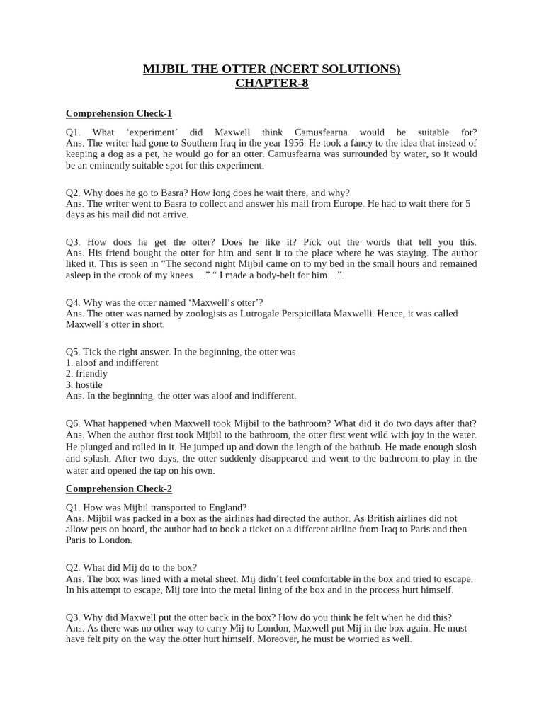 Mijbil The Otter Ncert Solutions | PDF