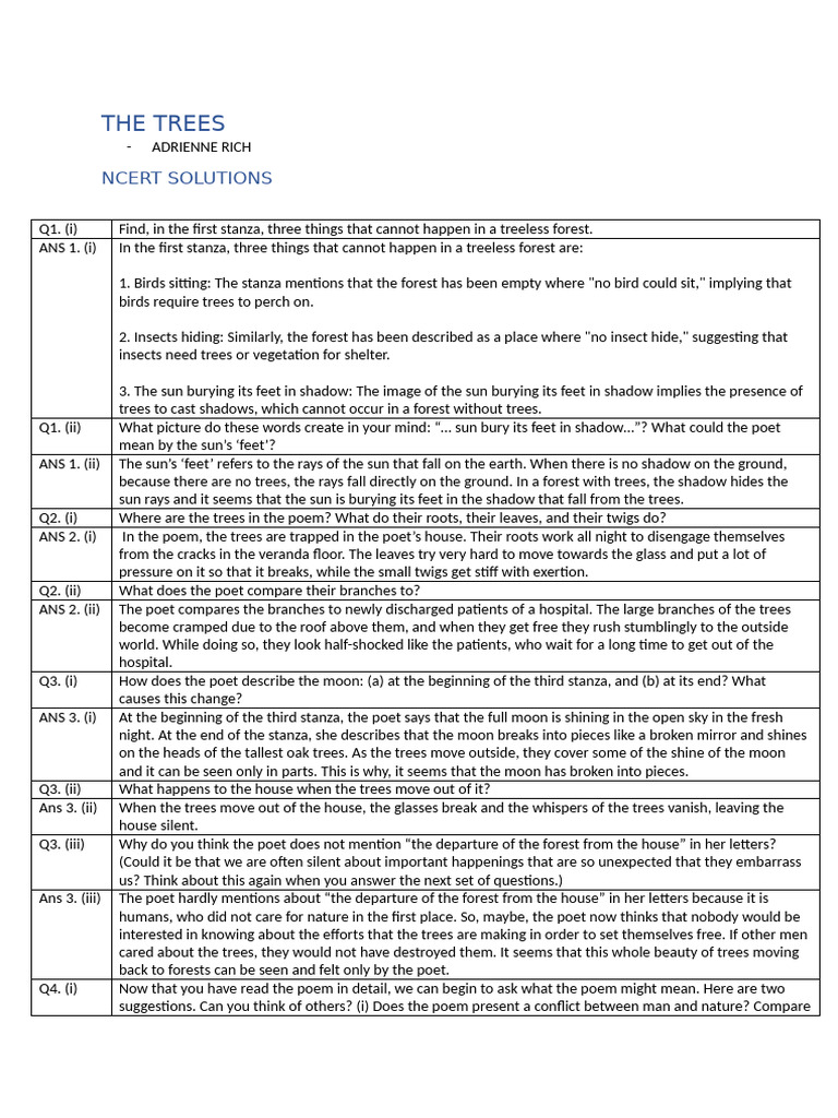 The Trees Ncert Solution | PDF | Poetry | Trees