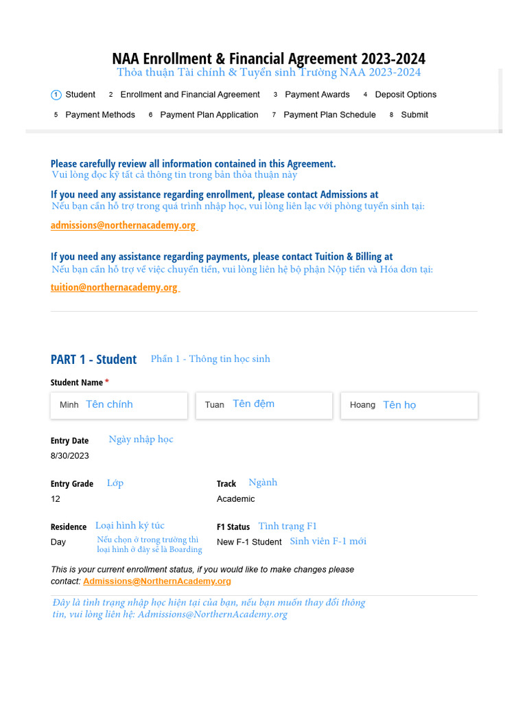 Huong Dan Dien NAA Enrollment Financial Agreement 2023 2024 | PDF