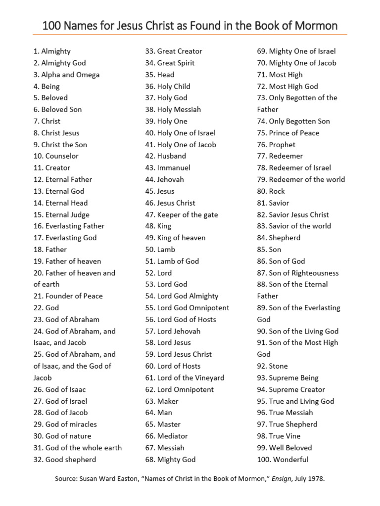 100 Names for Jesus Christ as Found in the Book of Mormon | PDF | God ...