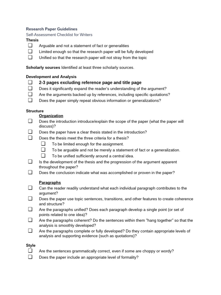 Writers Self-Assessment Checklist | PDF | Argument | Thesis