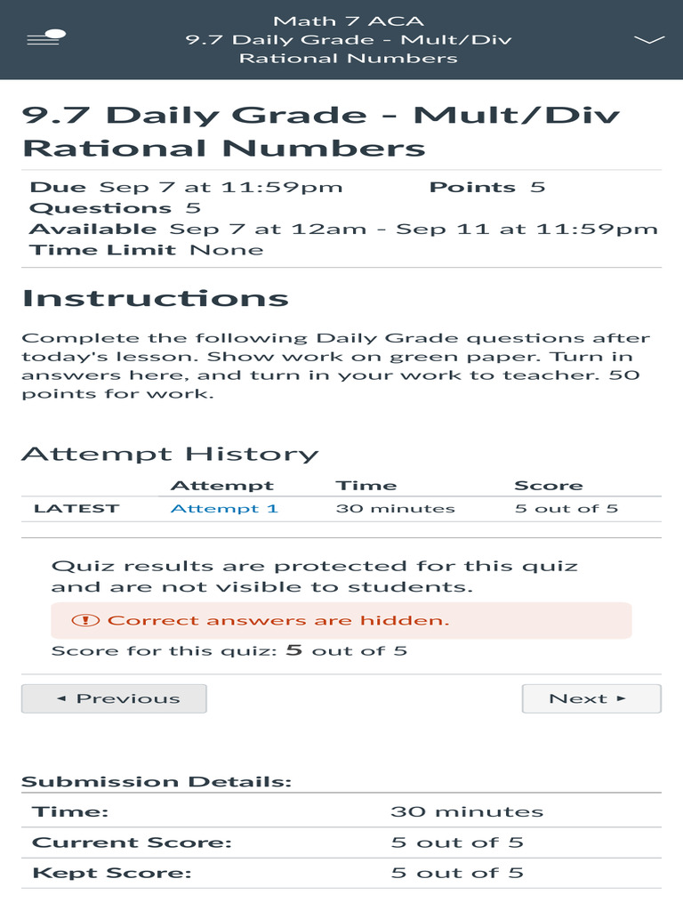 9.7 Daily Grade - MultDiv Rational Numbers CRJH ACA Math MRubio | PDF