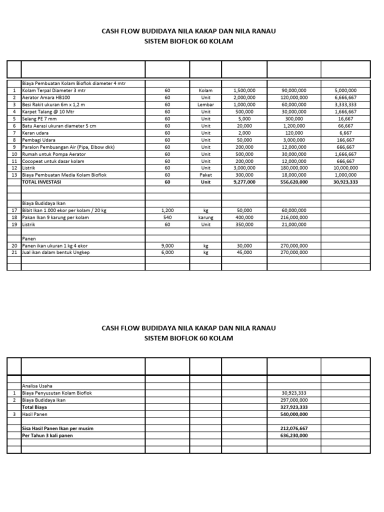 Cash Flow Budidaya Nila Sistem Bioflok 60 Kolam | PDF