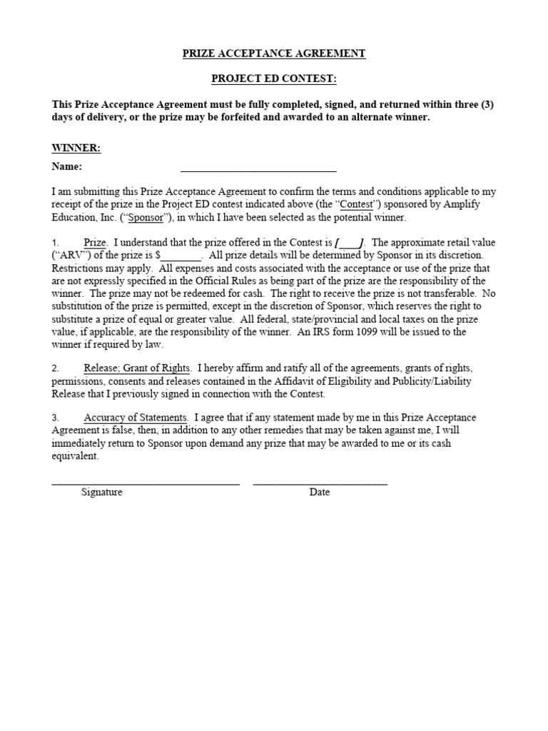Prize Acceptance Agreement Form | PDF | Indemnity | Common Law