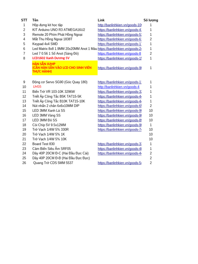 IoT - 102 - Electronics Component List - B KIT Nâng Cao | PDF