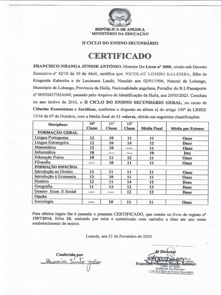 Certificado Do Ensino Médio - 033144 | PDF