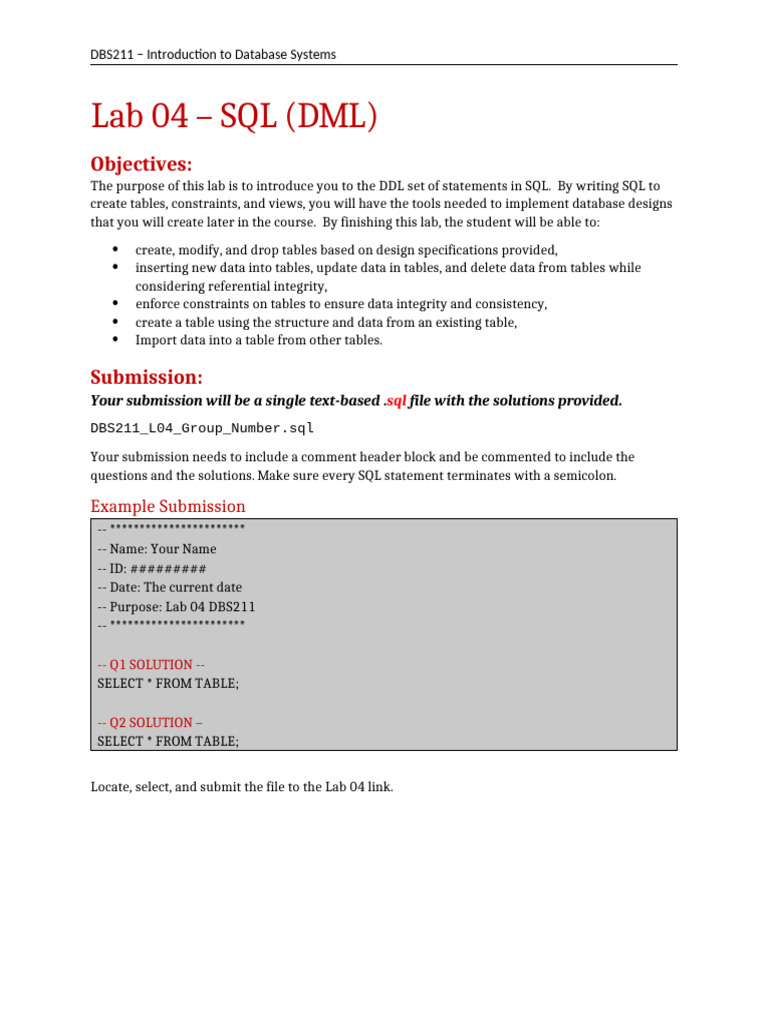 Dbs211 Lab04 Dml | PDF | Table (Database) | Sql