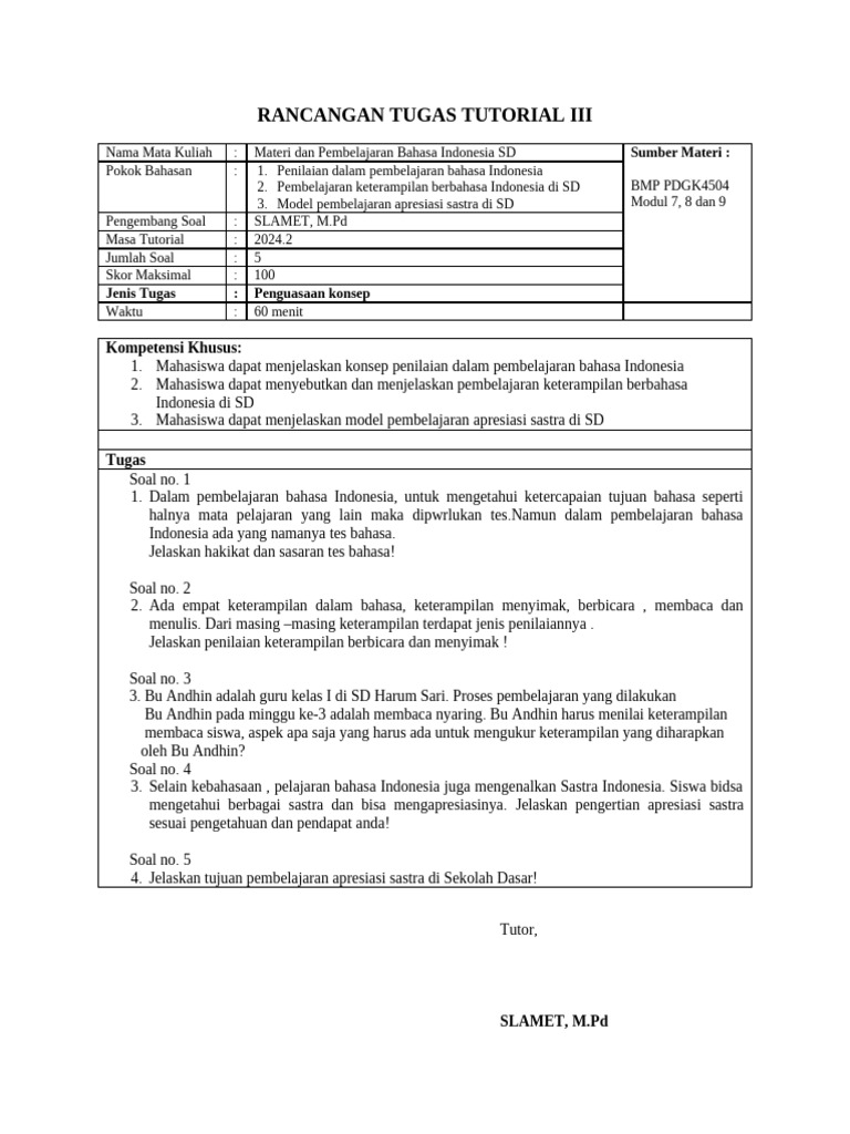 Tugas Tutorial Bahasa Indonesia SD 2024 | PDF