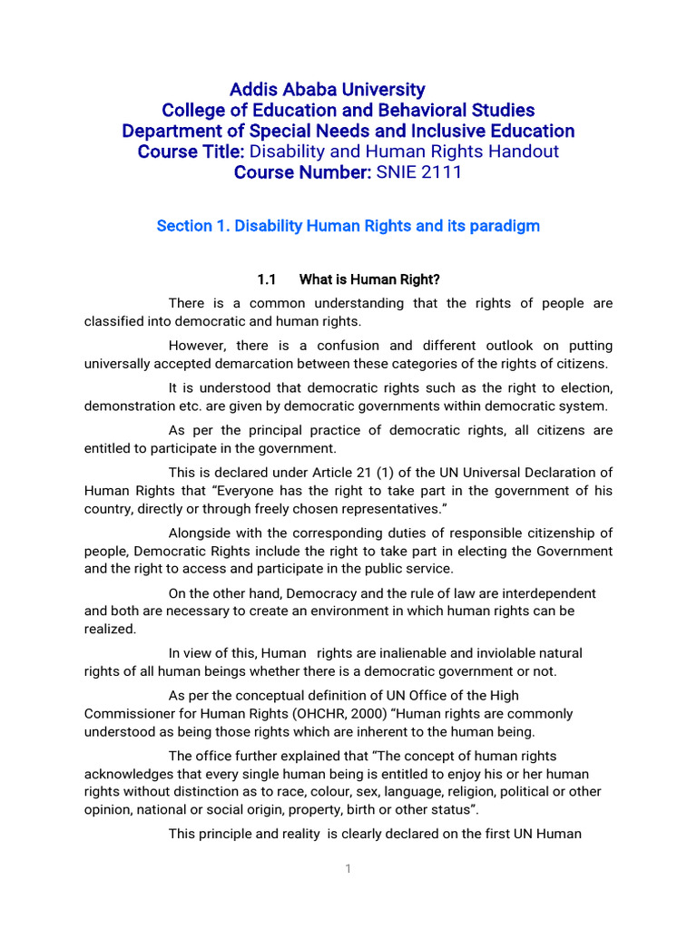 SNIE 2111 Section 1 5 on Disability & Human Rights BA Students | PDF