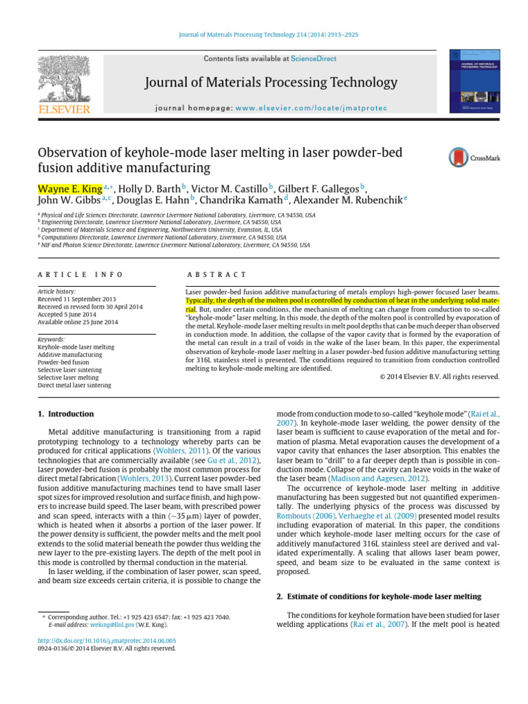 Observation of Keyhole-Mode Laser Melting in Laser Powder-Bed Fusion ...